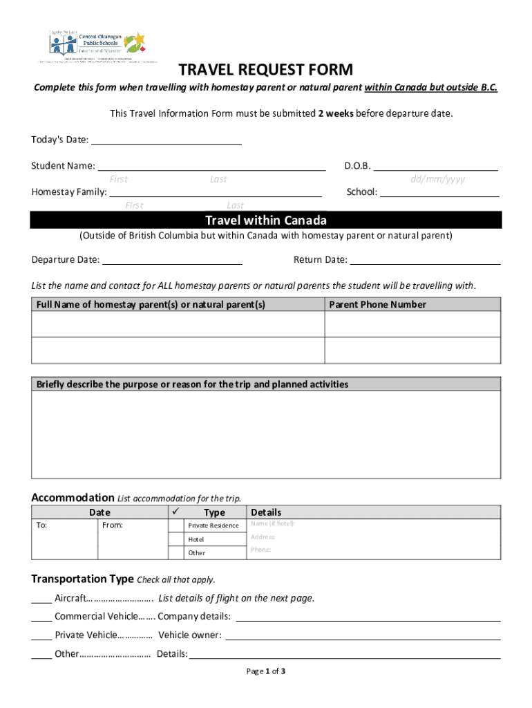 Fillable Online international sd23 bc Travel Request Forms - SD23 international education Fax ...