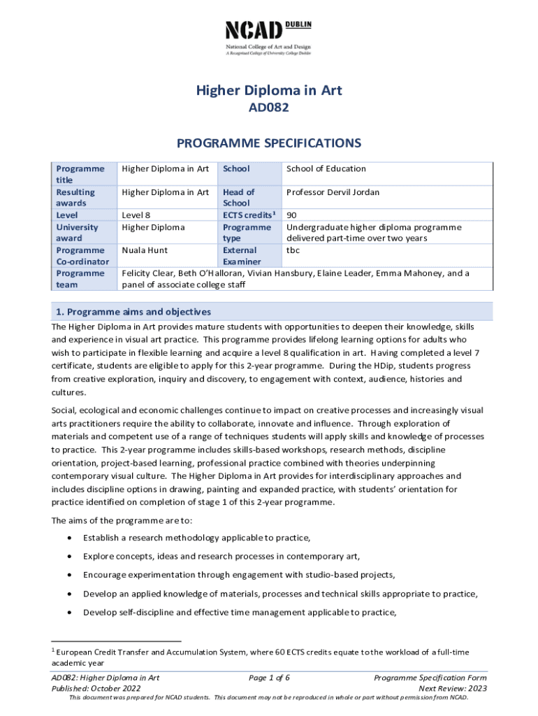 Fillable Online HDip in Art Programme Specification. Programme ...