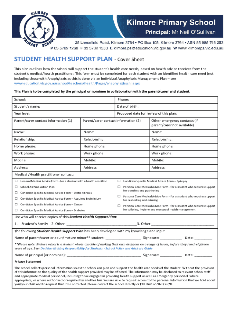 Fillable Online KPS Student Health Support Plan Fax Email Print - pdfFiller