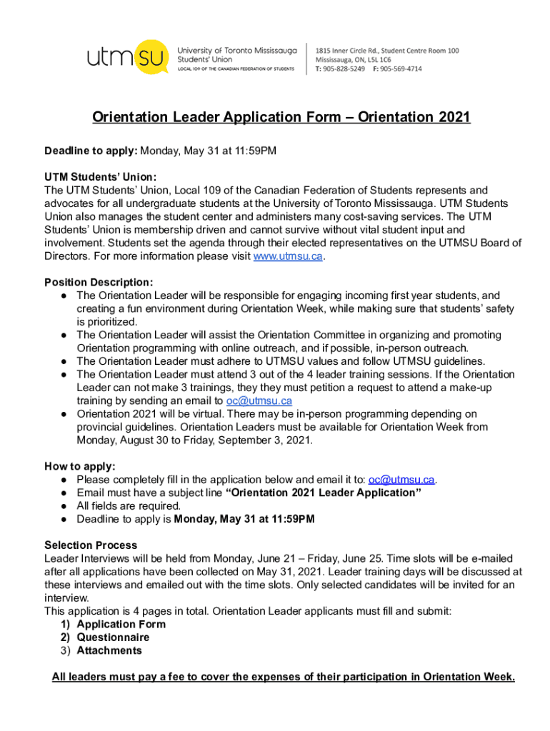 Fillable Online Orientation Leader Application 2021 Fax Email Print - pdfFiller