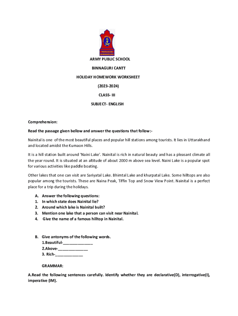 Fillable Online Army Public School , Hisar Holiday Homework Class 3 ...