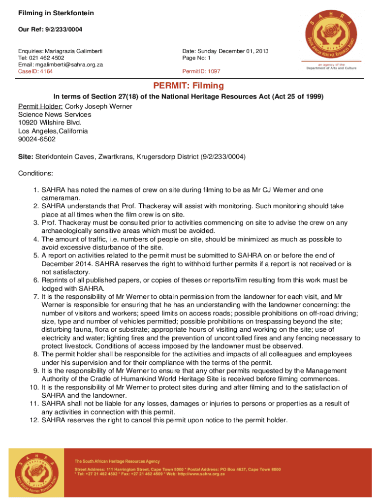 Fillable Online PERMIT: Filming - SAHRIS - South African Heritage ...