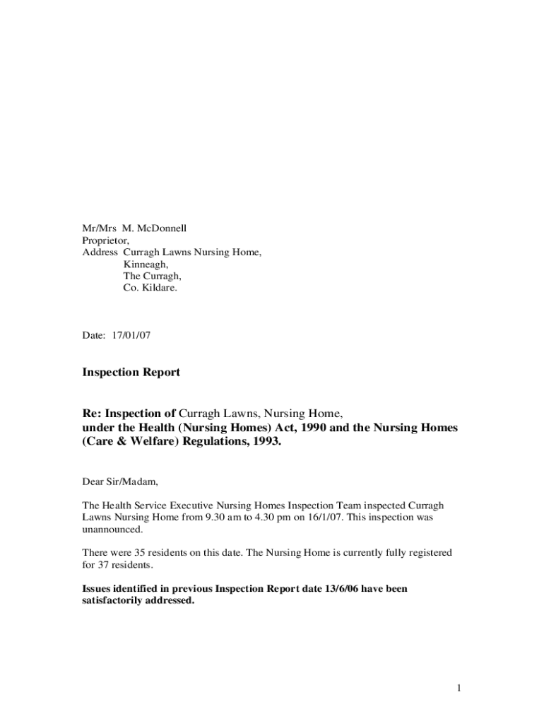 Fillable Online Inspection of Curragh Lawns, Nursing Home, under the ...