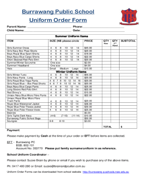 Fillable Online Burrawang Public School Uniform Order Form ... Fax ...