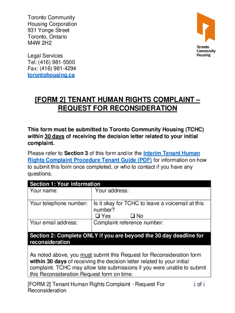 Fillable Online FORM 2 Tenant Human Rights Complaint - Request For ...