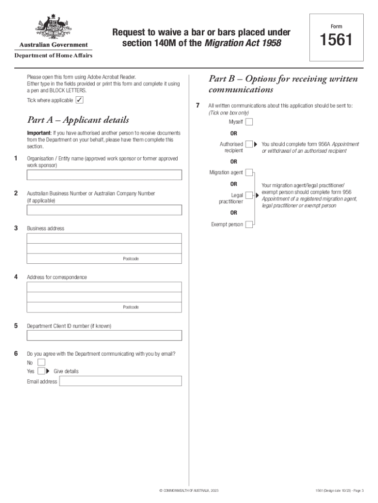Fillable Online 1561 - Request to waive a bar or bars placed under ...