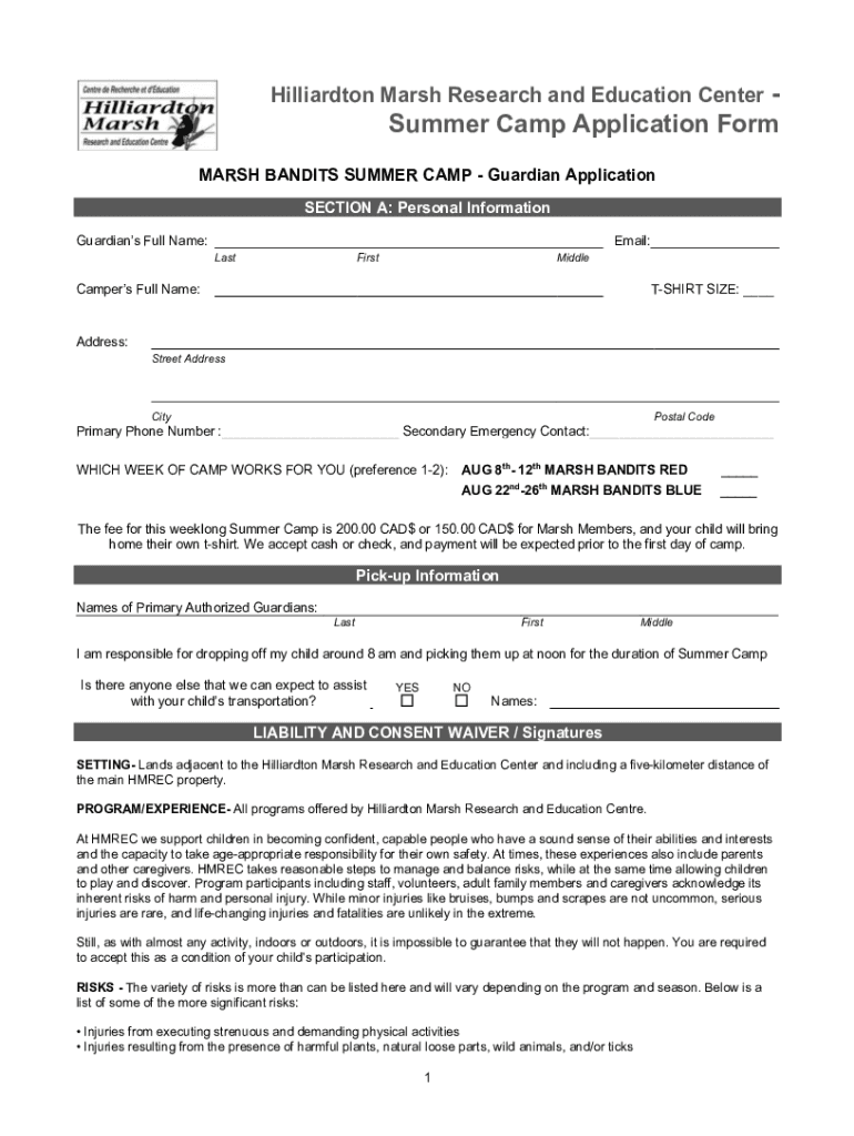 Fillable Online Summer Camp Application Form - The Hilliardton Marsh ...