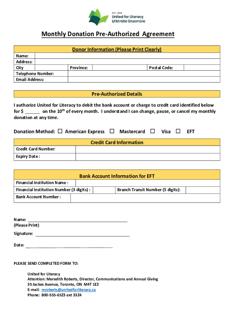 Fillable Online Donation Pre-Authorized Debit (PAD Agreement) or Credit ...