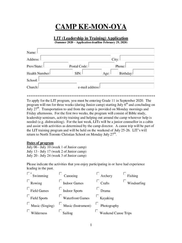 Fillable Online LEADER-IN-TRAINING (LIT) APPLICATION ... Fax Email ...