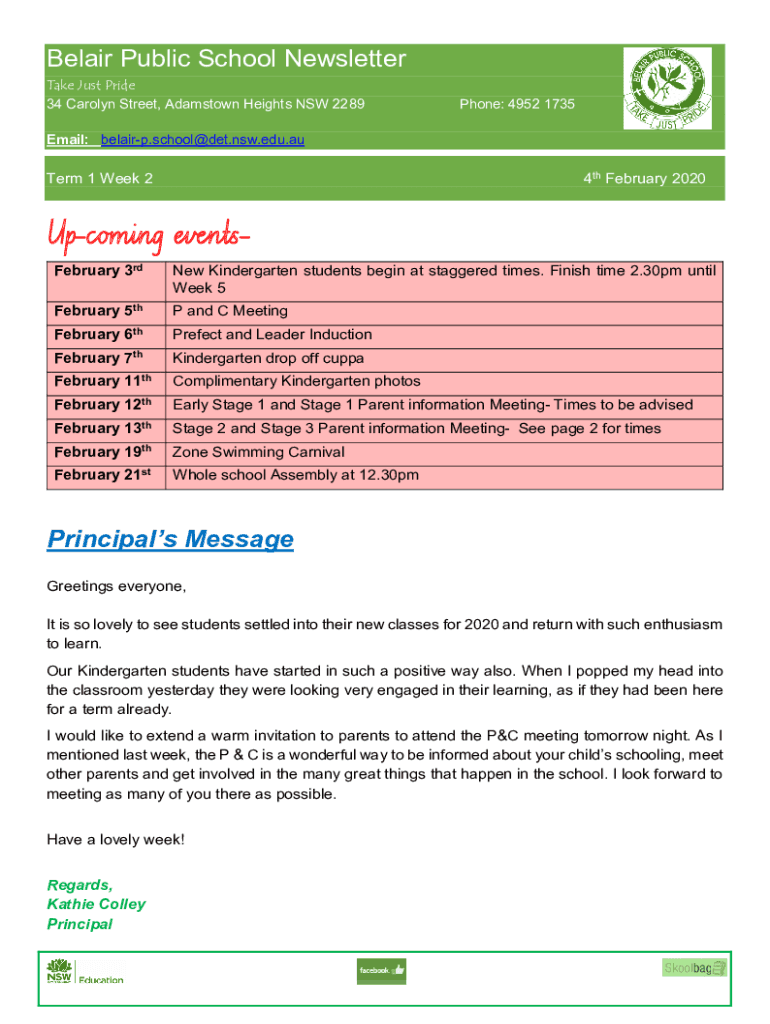 Fillable Online Belair Public School Newsletter Principal's Message ...