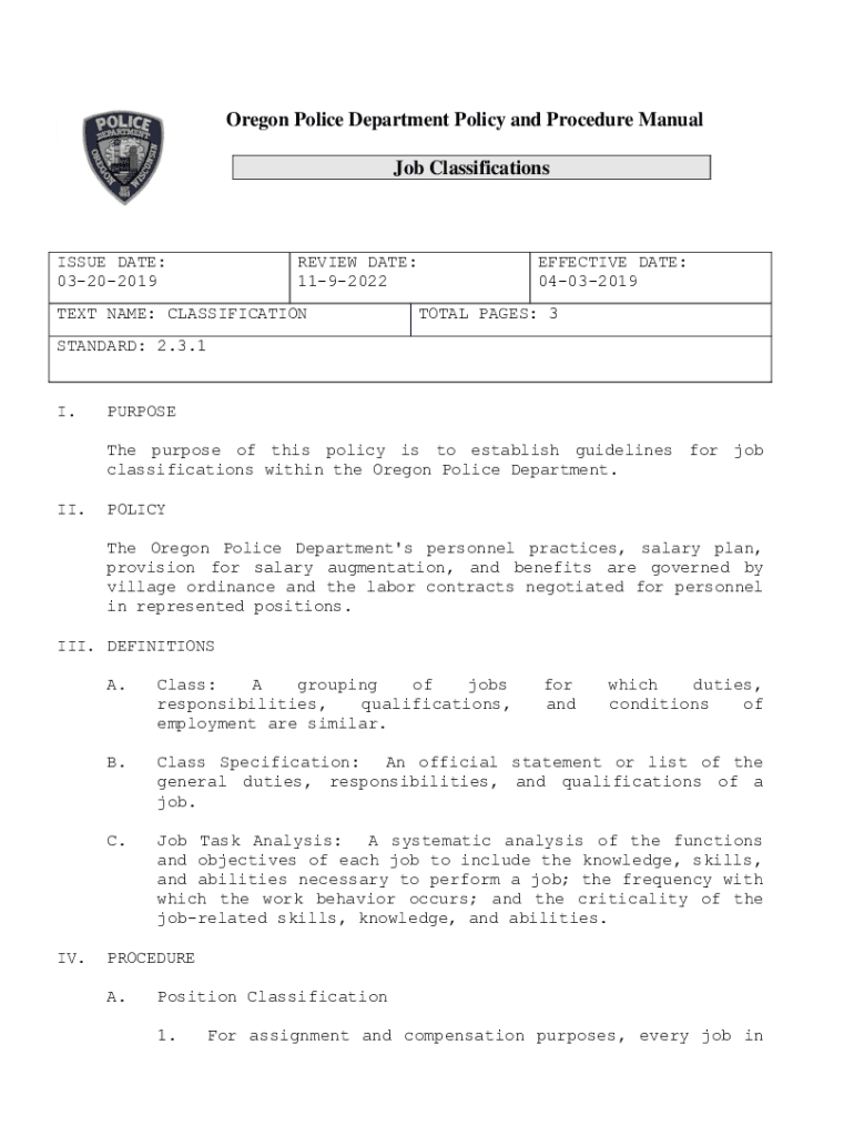 Fillable Online Job Classifications Oregon Police Department Policy and ... Fax Email Print ...