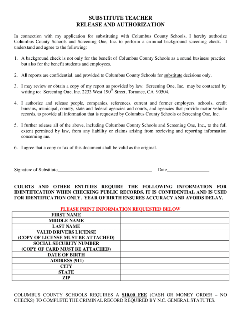 Fillable Online www2 columbus k12 nc SUBSTITUTE TEACHER RELEASE AND AUTHORIZATION Fax Email ...