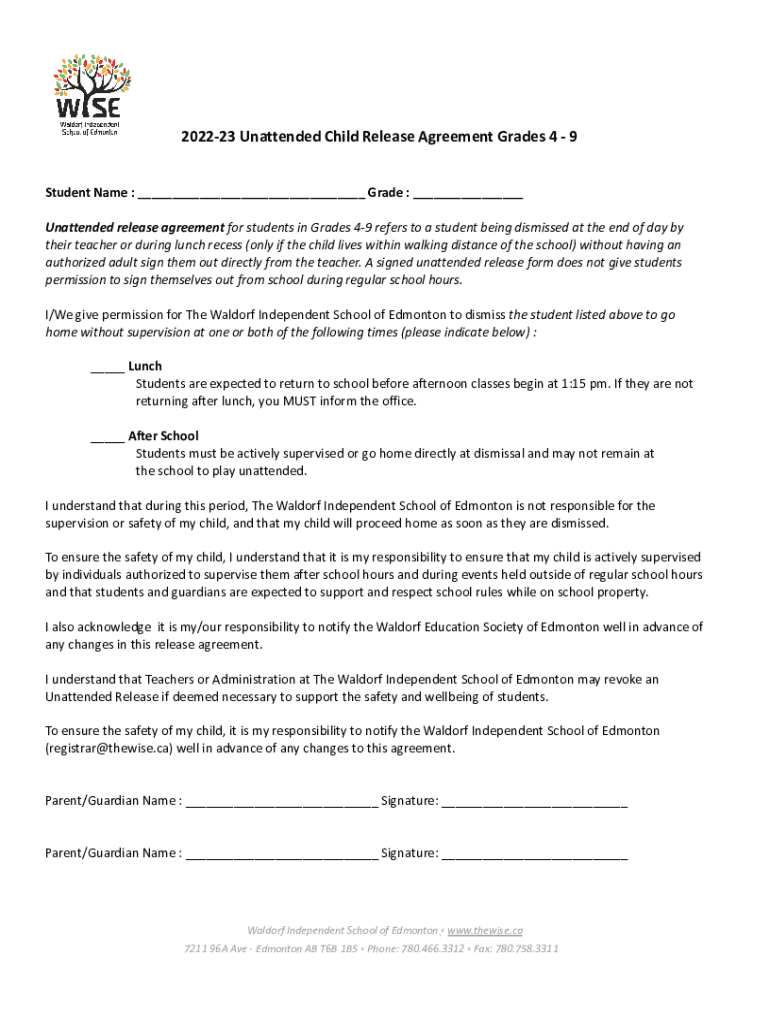 Fillable Online 2022-23 Unattended Child Release Agreement Grades 4 - 9 ...