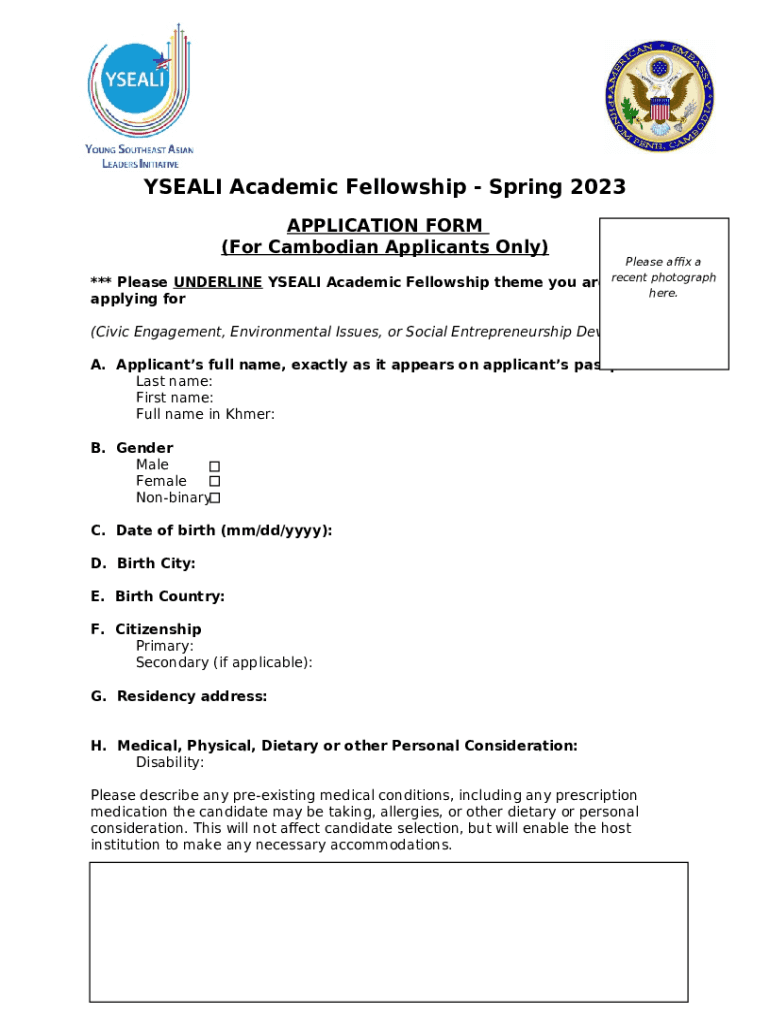 Call for Applications: YSEALI Academic Fellowships Doc Template | pdfFiller