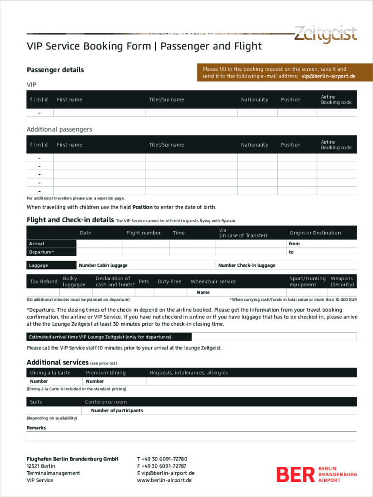Fillable Online Booking Form VIP Service Fax Email Print - pdfFiller