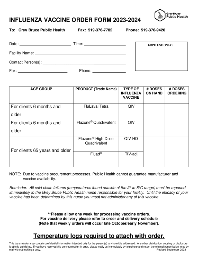 Fillable Online Order Form for Influenza Vaccine 2023-2024 Season Fax ...