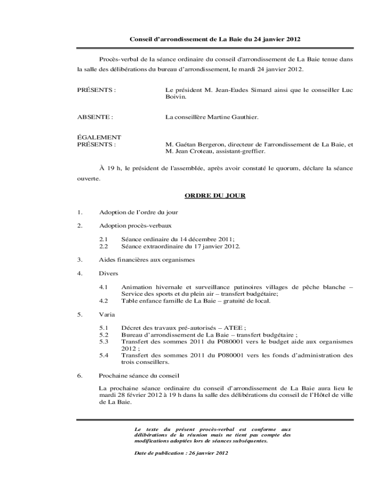 Remplissable En Ligne Procs-verbal de la sance ordinaire du conseil d'arrondissement de La Baie ...