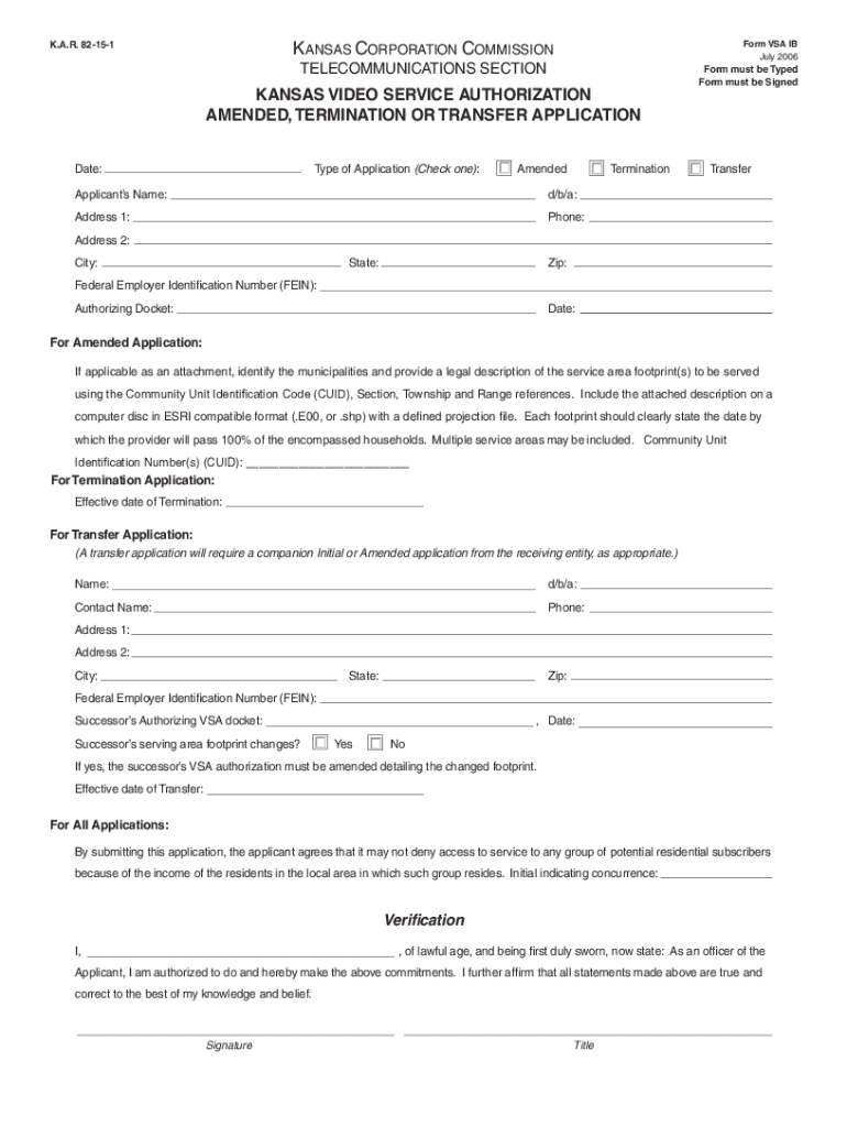 Fillable Online kcc state ks Kansas Video serVice authorization amended, termination ... Fax ...