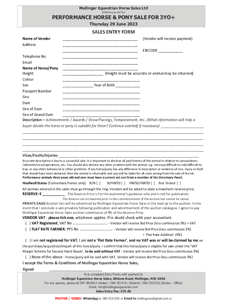 Fillable Online SALES ENTRY FORM Name of Vendor Fax Email Print - pdfFiller