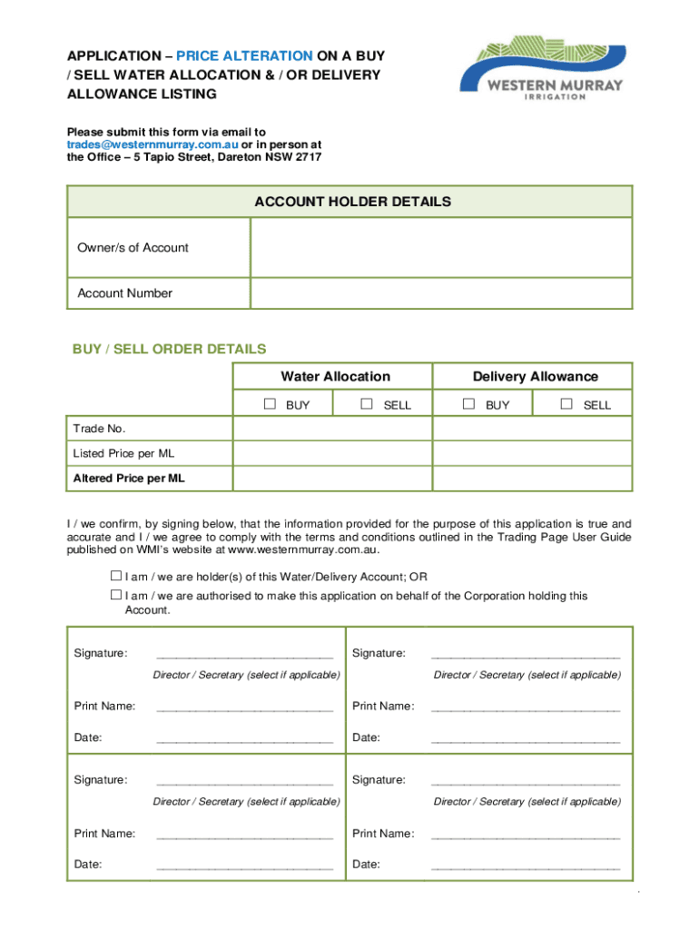 Fillable Online price alteration on a buy / sell water allocation & / or delivery ... Fax Email ...