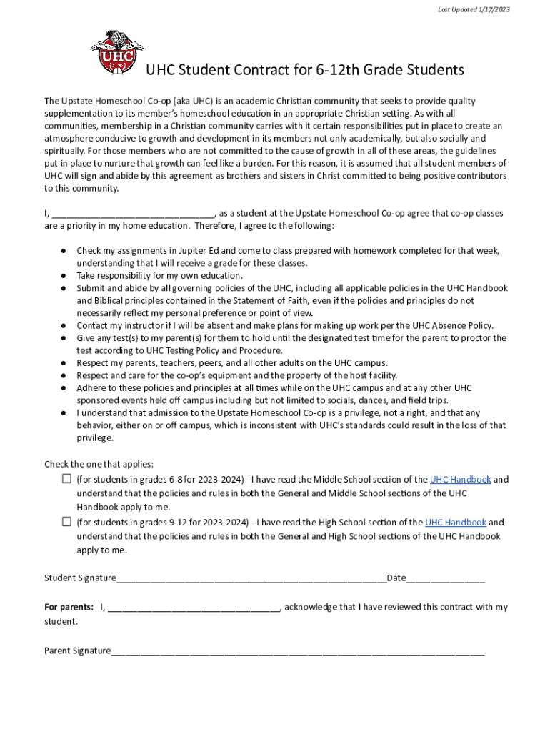 Fillable Online UHC Student Contract for 6-12th Grade Students Fax ...