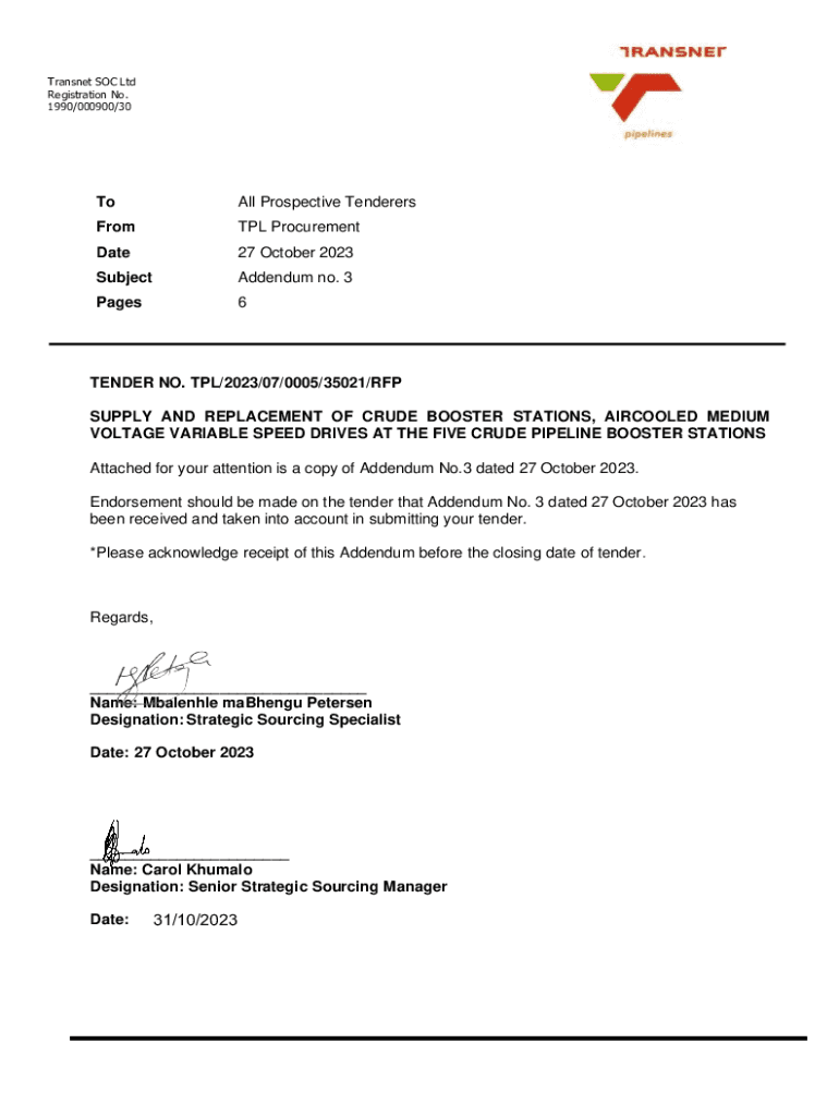 Fillable Online Addendum for All Current Advertised Tenders Fax Email ...