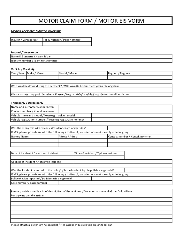 Fillable Online MOTOR CLAIM FORM / MOTOR EIS VORM - sentravaal.co.za ...