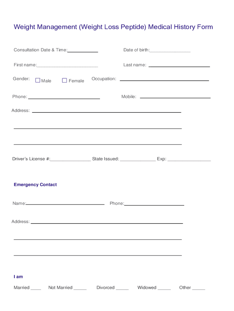 Fillable Online Weight Management (Weight Loss Peptide) Medical History ...