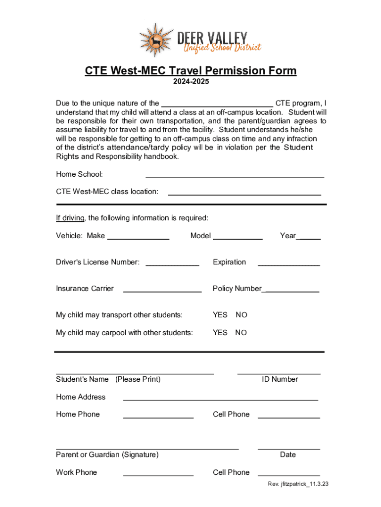 Fillable Online CTE West-MEC Travel Permission Form Fax Email Print ...
