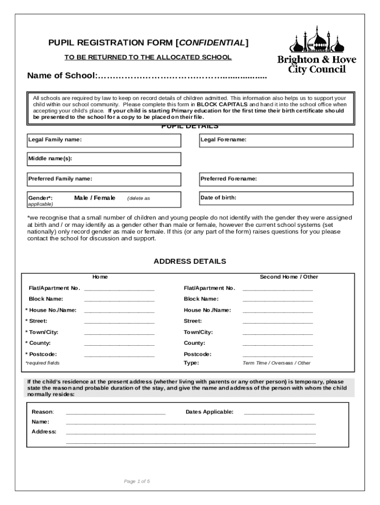 PUPIL REGISTRATION CONFIDENTIAL Name of ... Doc Template | pdfFiller