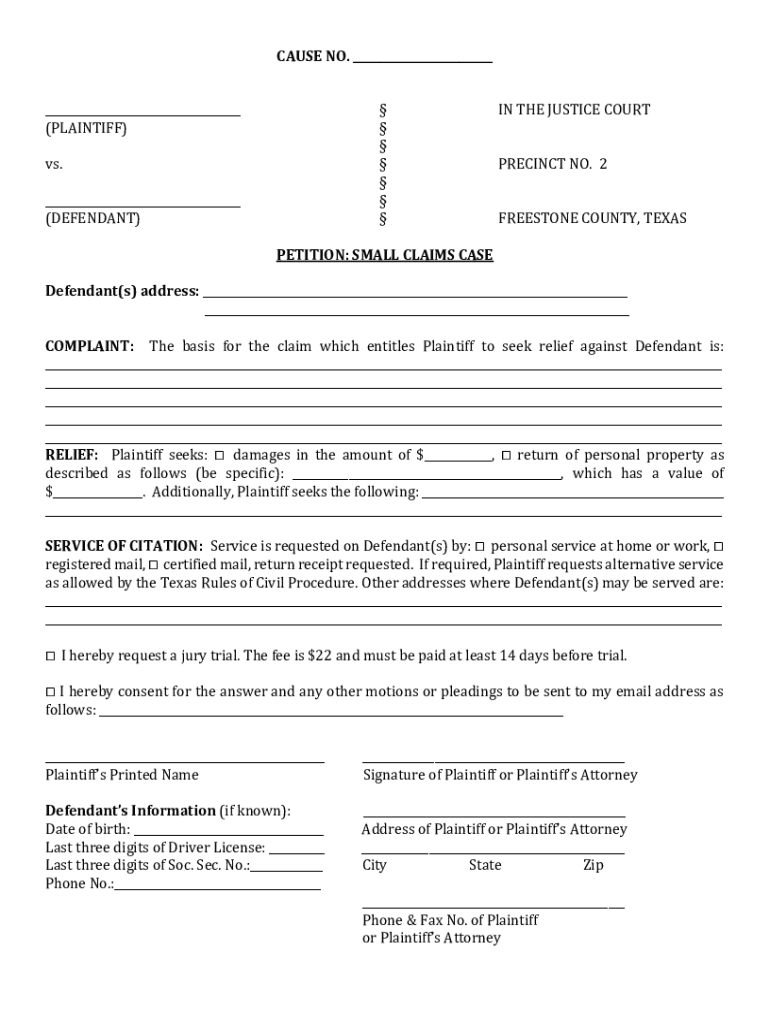 Fillable Online defendant's answer - debt claim case - Freestone County, Texas Fax Email Print ...