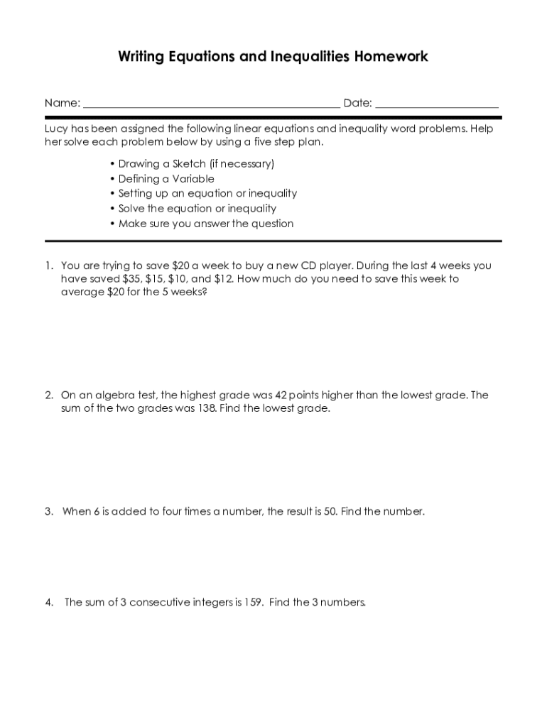 Fillable Online Practice Task: Lucy's Linear Equations & Inequalities ...
