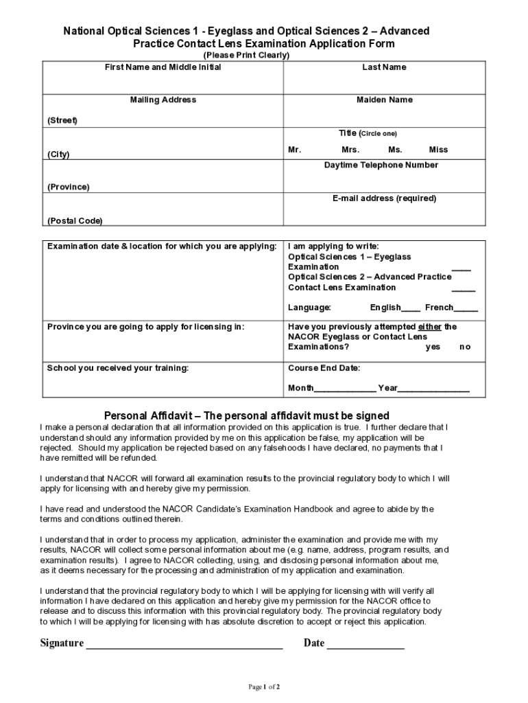 Fillable Online Advanced Practice Contact Lens Examination Application ...
