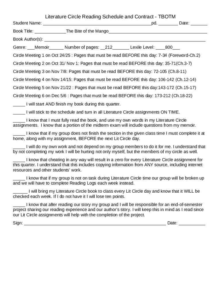 Literature Circle Reading Schedule and Contract - I ... Doc Template ...