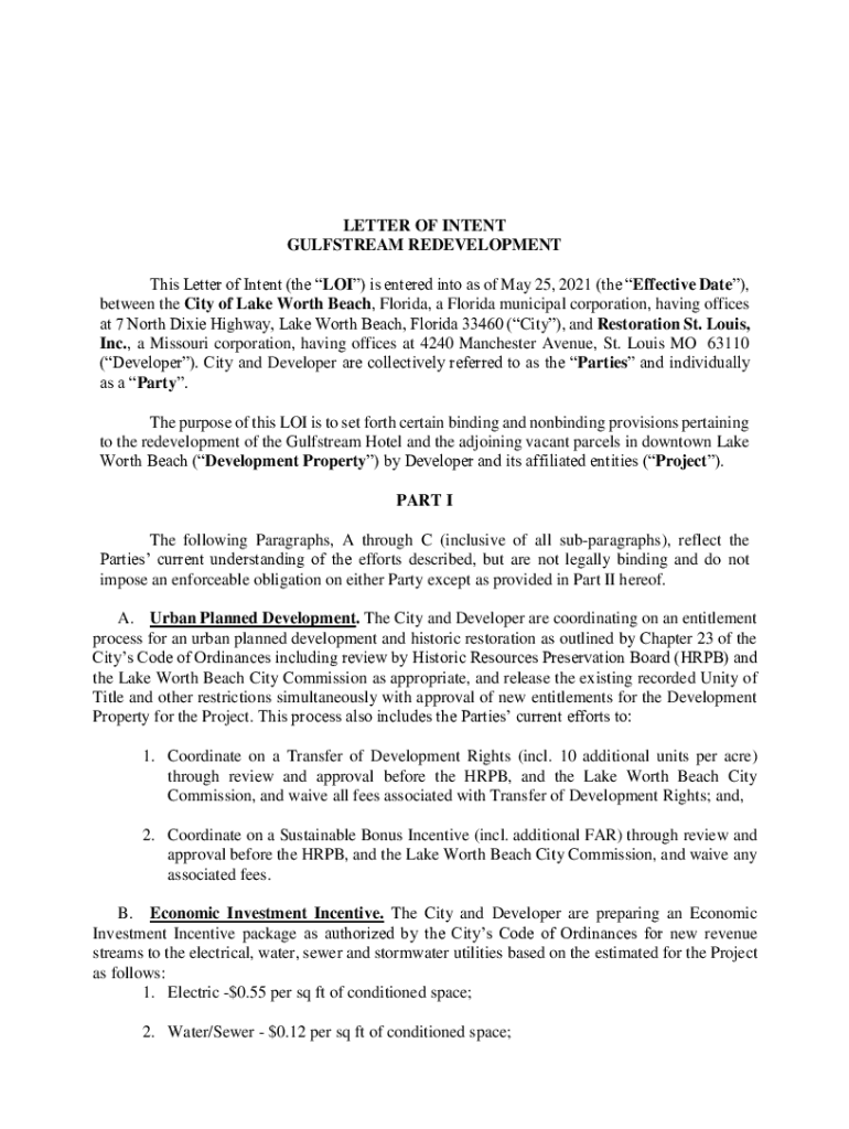 Fillable Online LETTER OF INTENT GULFSTREAM REDEVELOPMENT This ... Fax ...
