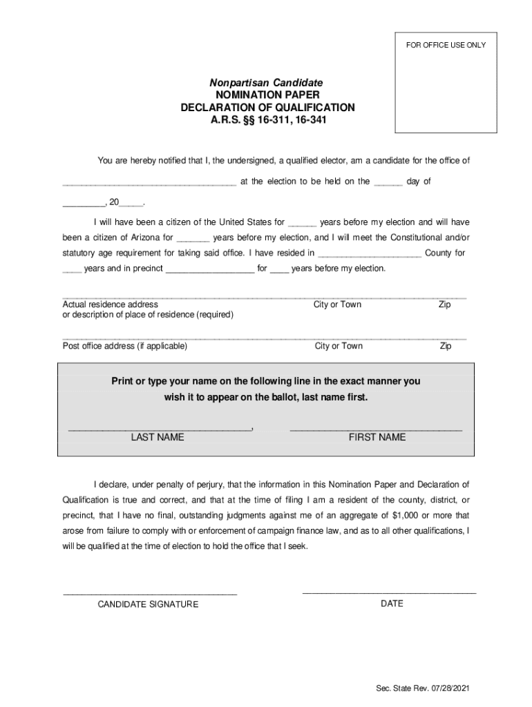 Fillable Online Nonpartisan Candidate NOMINATION PAPER DECLARATION OF ... Fax Email Print ...