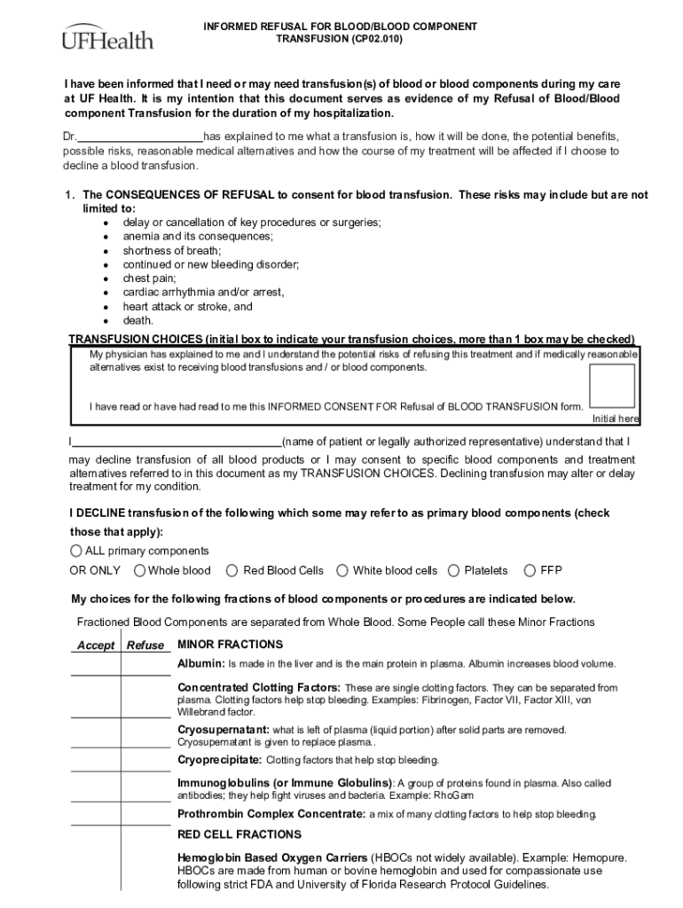 Fillable Online Refusal of a blood transfusion or blood products ...
