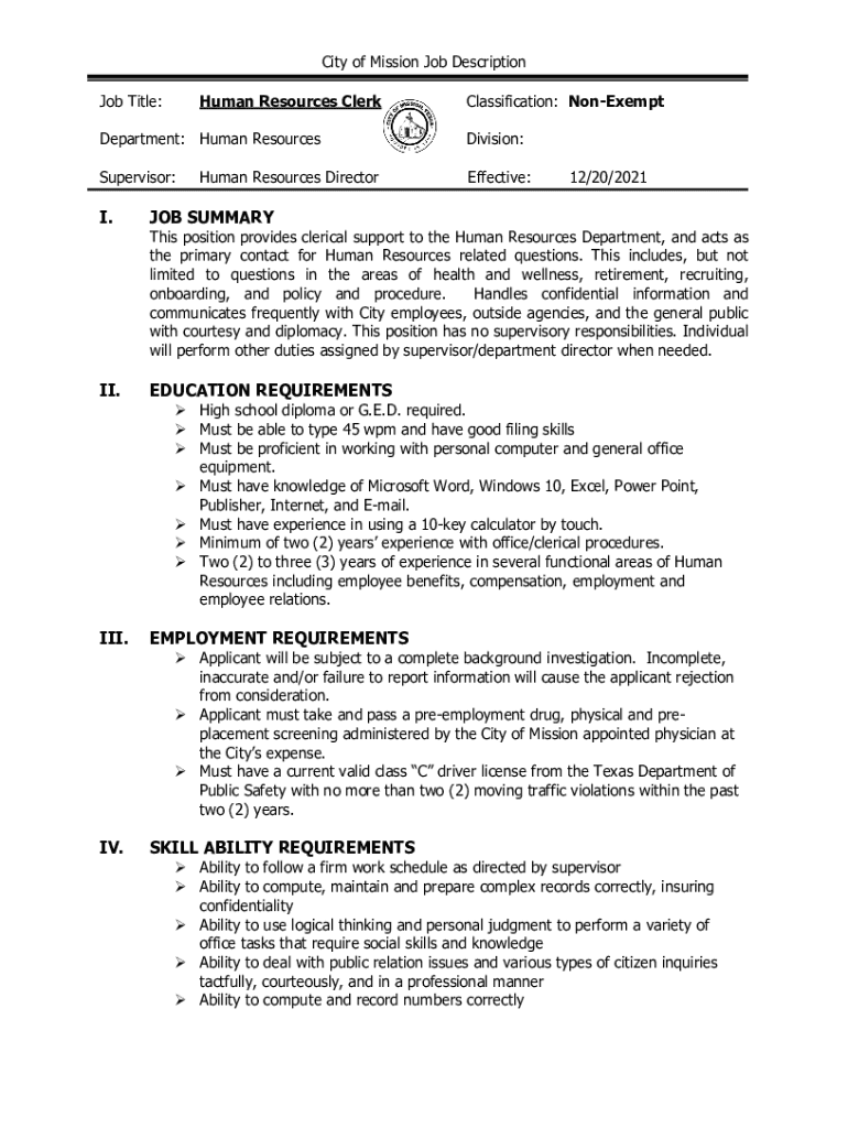 Fillable Online Human Resources (HR) Clerk Job Description Sample ...
