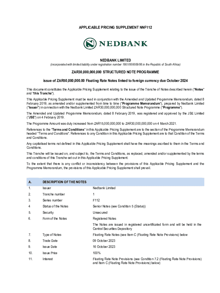 Fillable Online Applicable Pricing Supplement NNF112 NEDBANK LIMITED ...