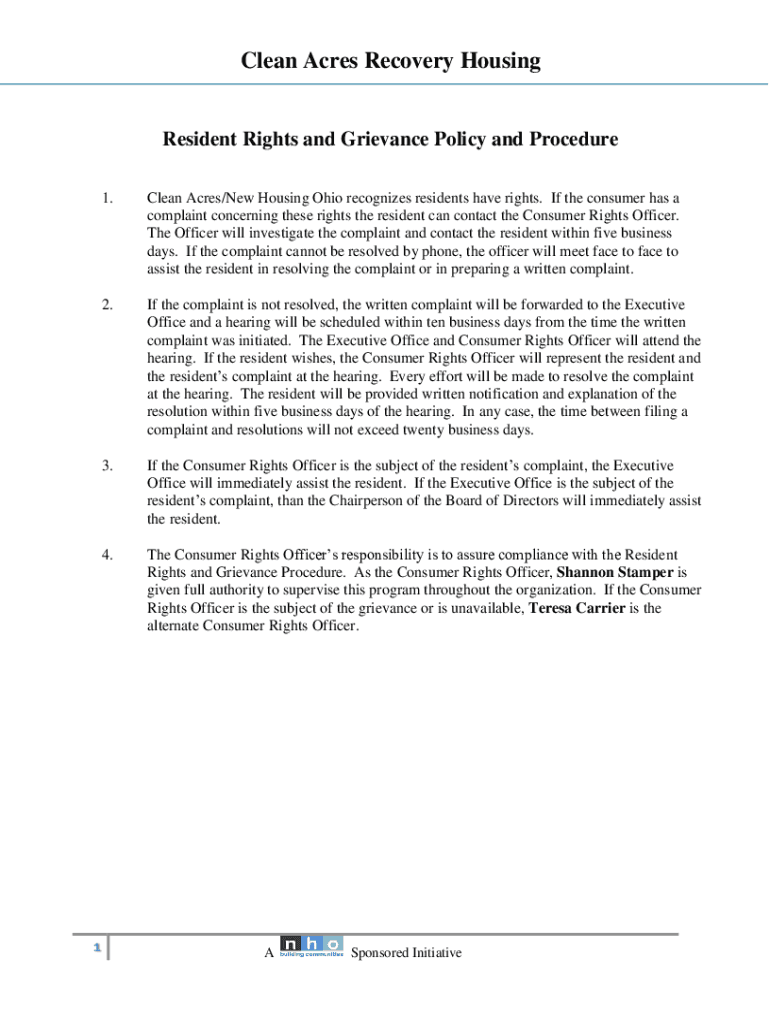 Fillable Online Resident Rights and Grievance Policy and ProcedureClean ...