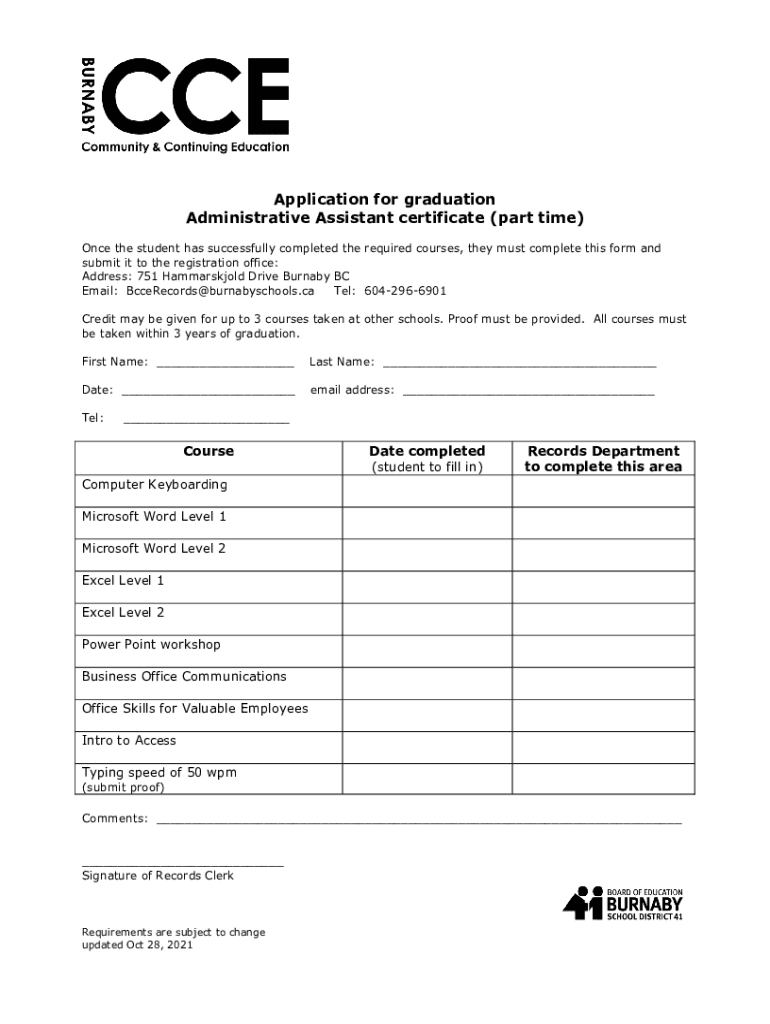 Fillable Online Application for graduation Administrative Assistant ...
