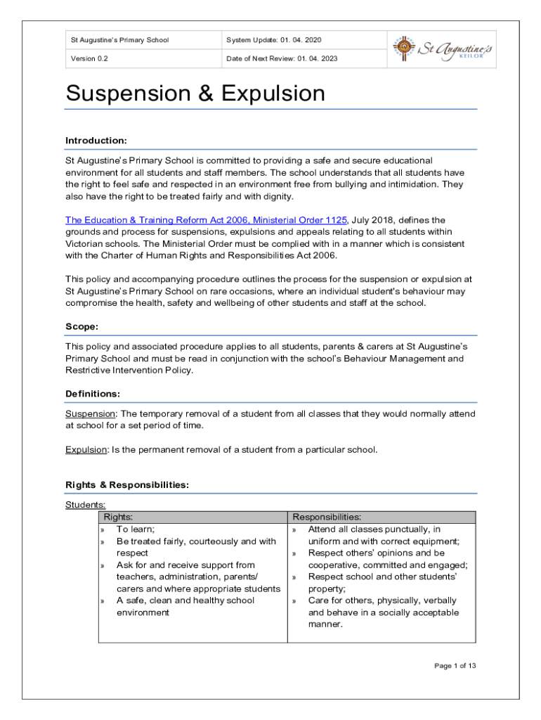 Fillable Online Suspension & Expulsion - St Augustine's Primary School ...