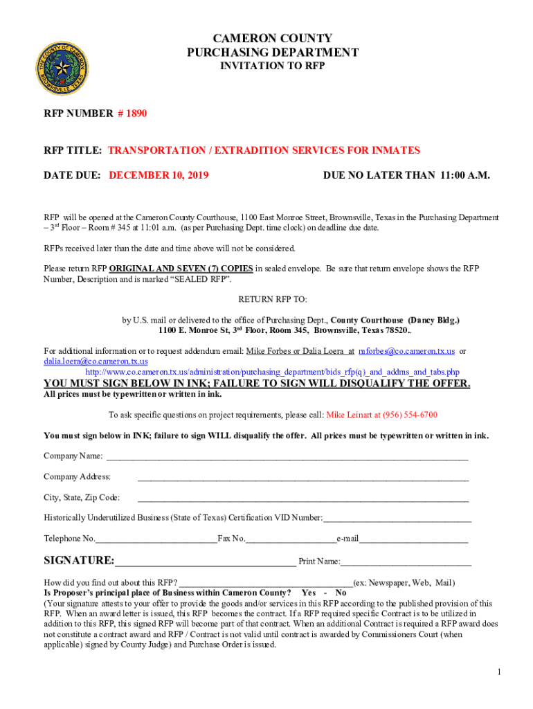 Fillable Online RFP will be opened at the Cameron County Courthouse ...