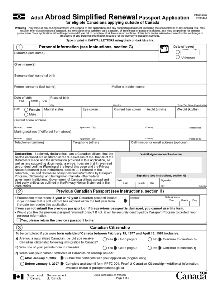 Fillable Online Adult Simplified Renewal Passport Application for Fax ...
