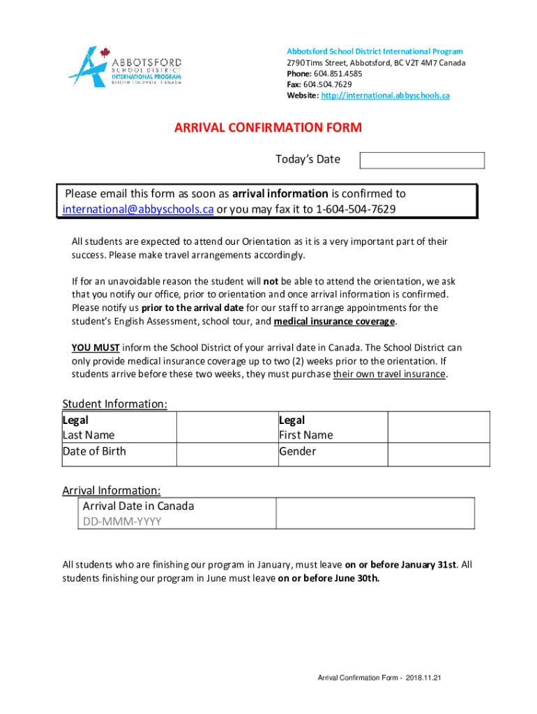 Fillable Online Arrival Confirmation form - internationalabbyschools.ca ...