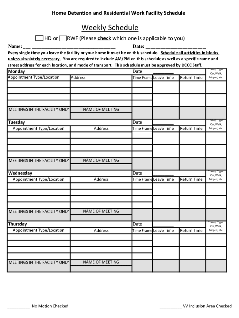 Fillable Online weekly schedule - noble county community corrections ...