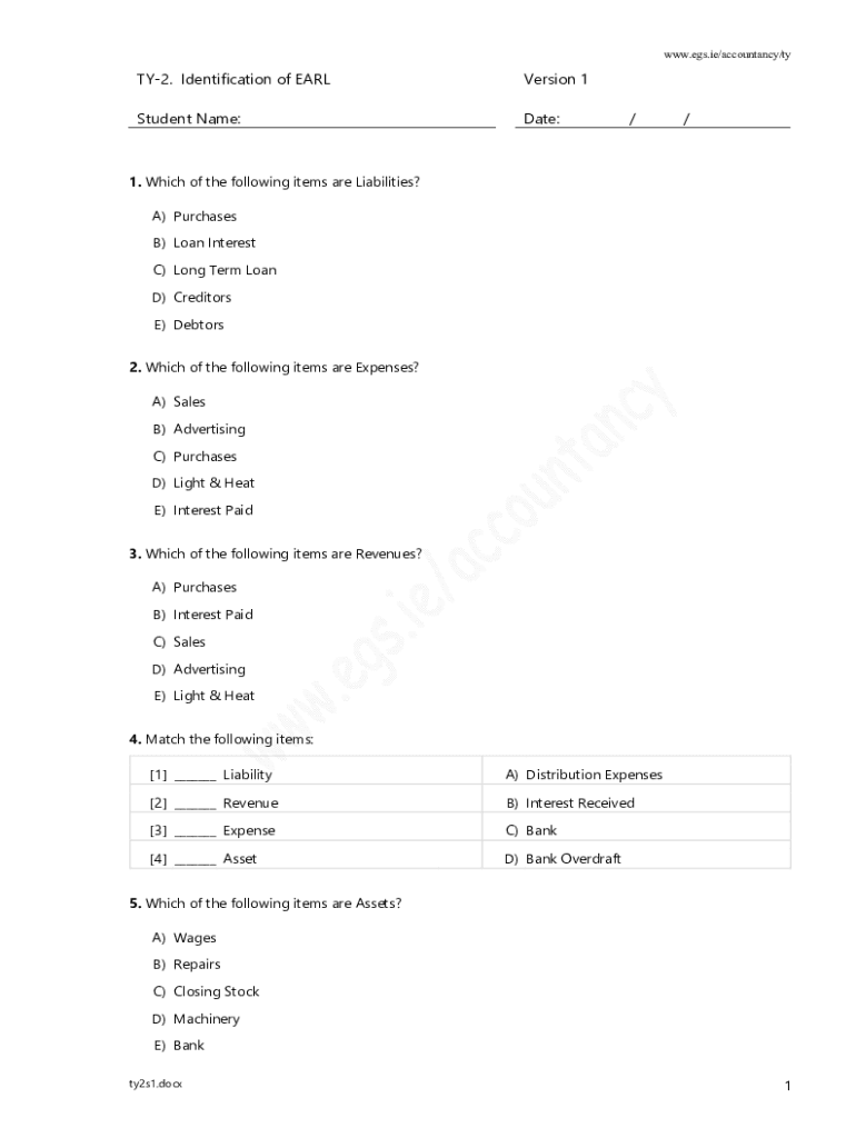 Fillable Online TY-2. Identification of EARL Version 1 Student Name: Date: / / Fax Email Print ...