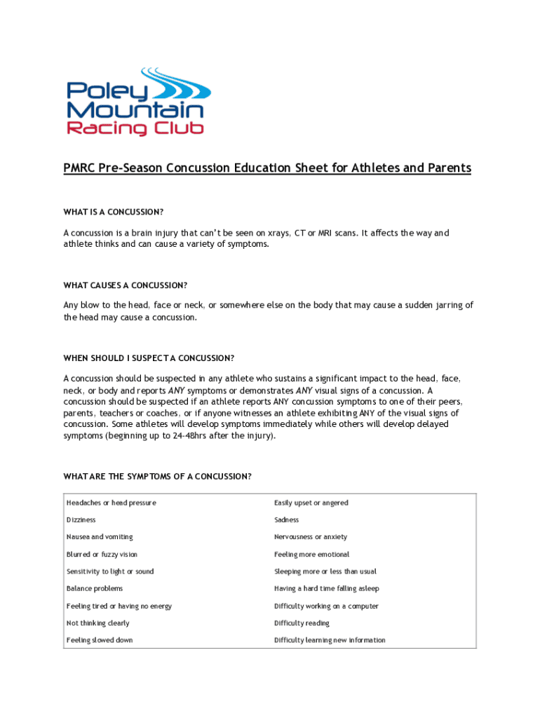 Fillable Online PMRC Pre-Season Concussion Education Sheet for Athletes ...