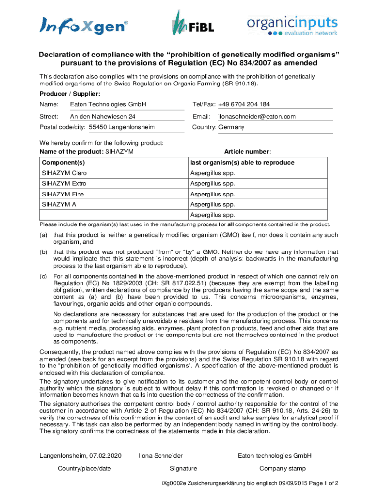 Fillable Online Declaration of compliance organic english Fax Email ...