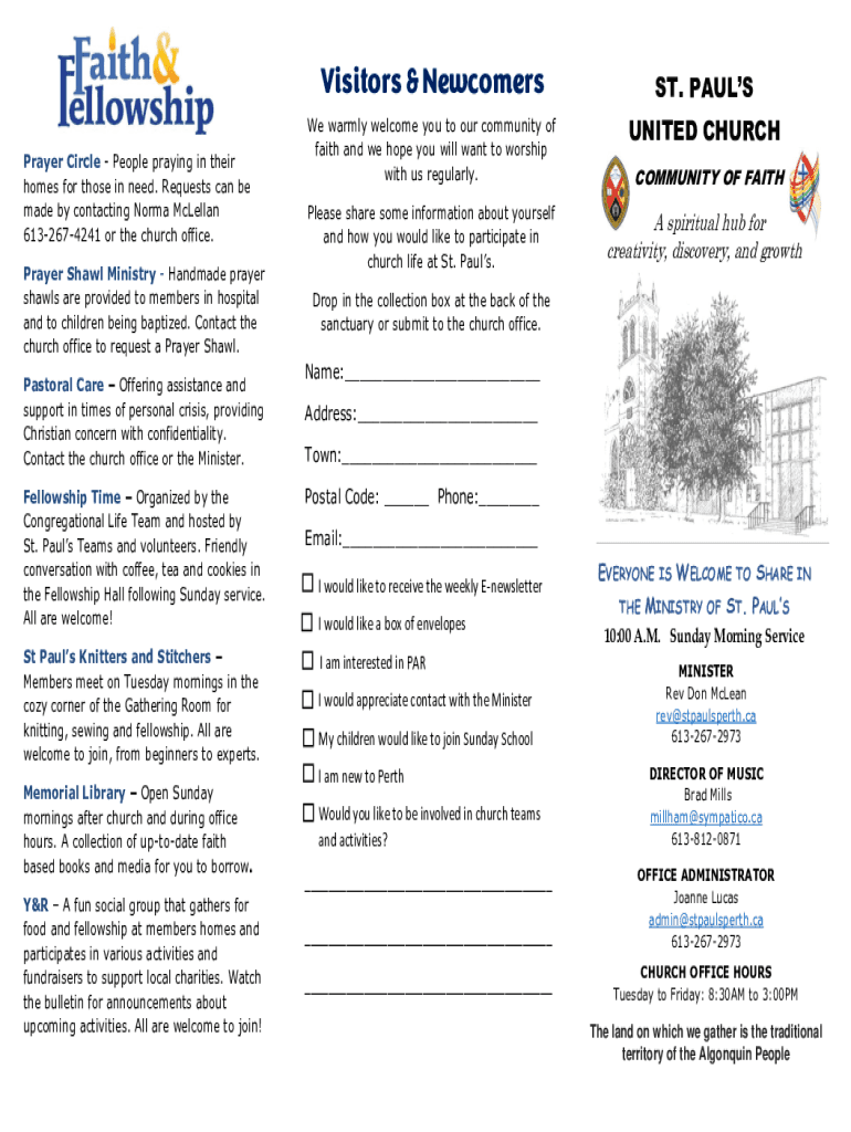 Fillable Online Visitors & Newcomers - st paul's united church Fax ...